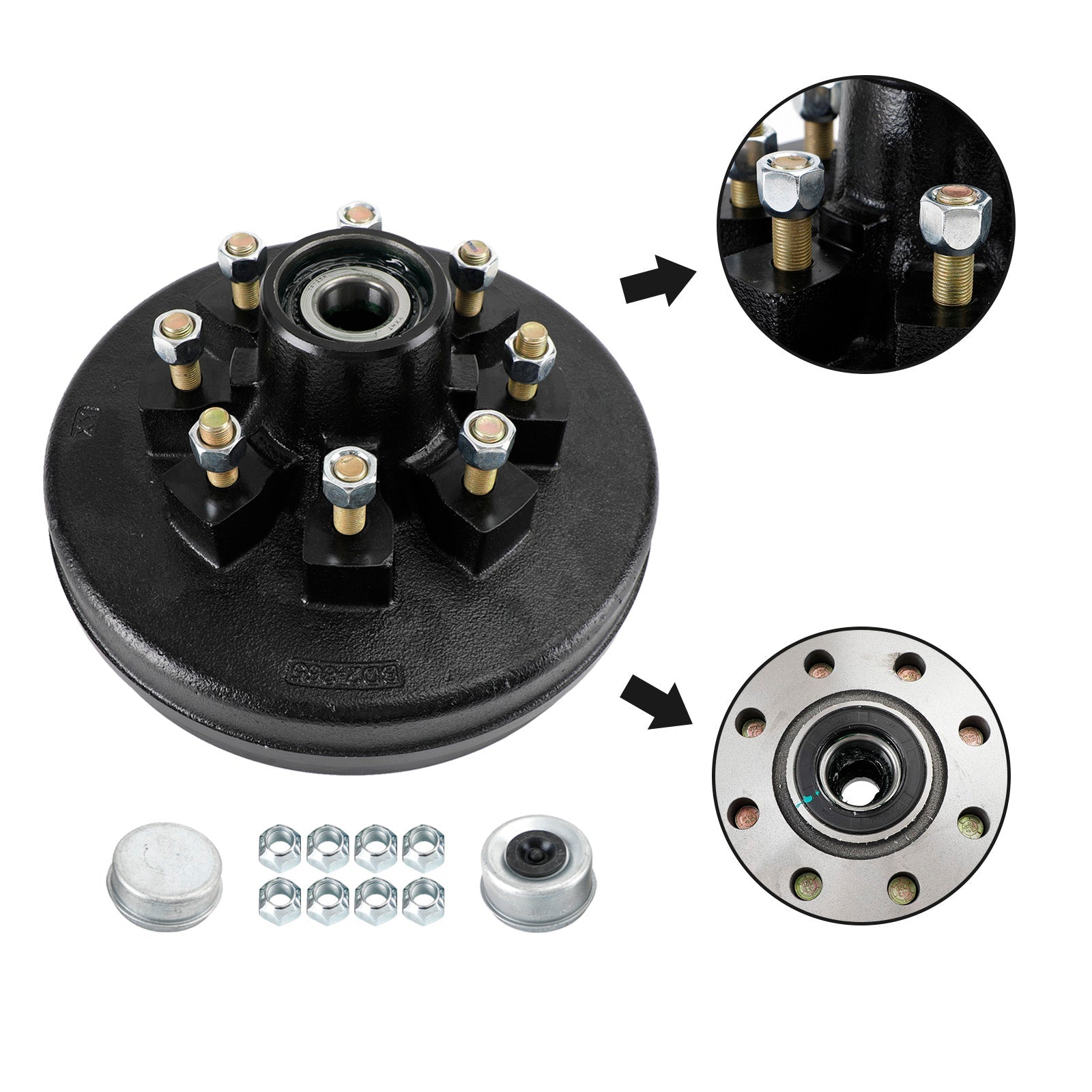 Grease Trailer Hub and Drum Assembly for 7K Axles - 12"-8 on 6-1/2-Pre ...