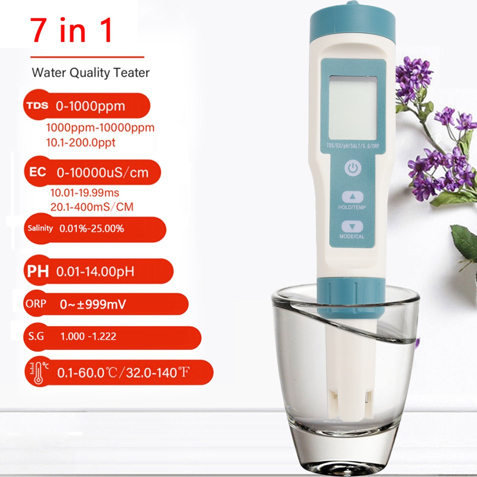 7 In 1 Digital Salinity PH TDS TEMP SG EC ORP Tester Water Quality Mon ...
